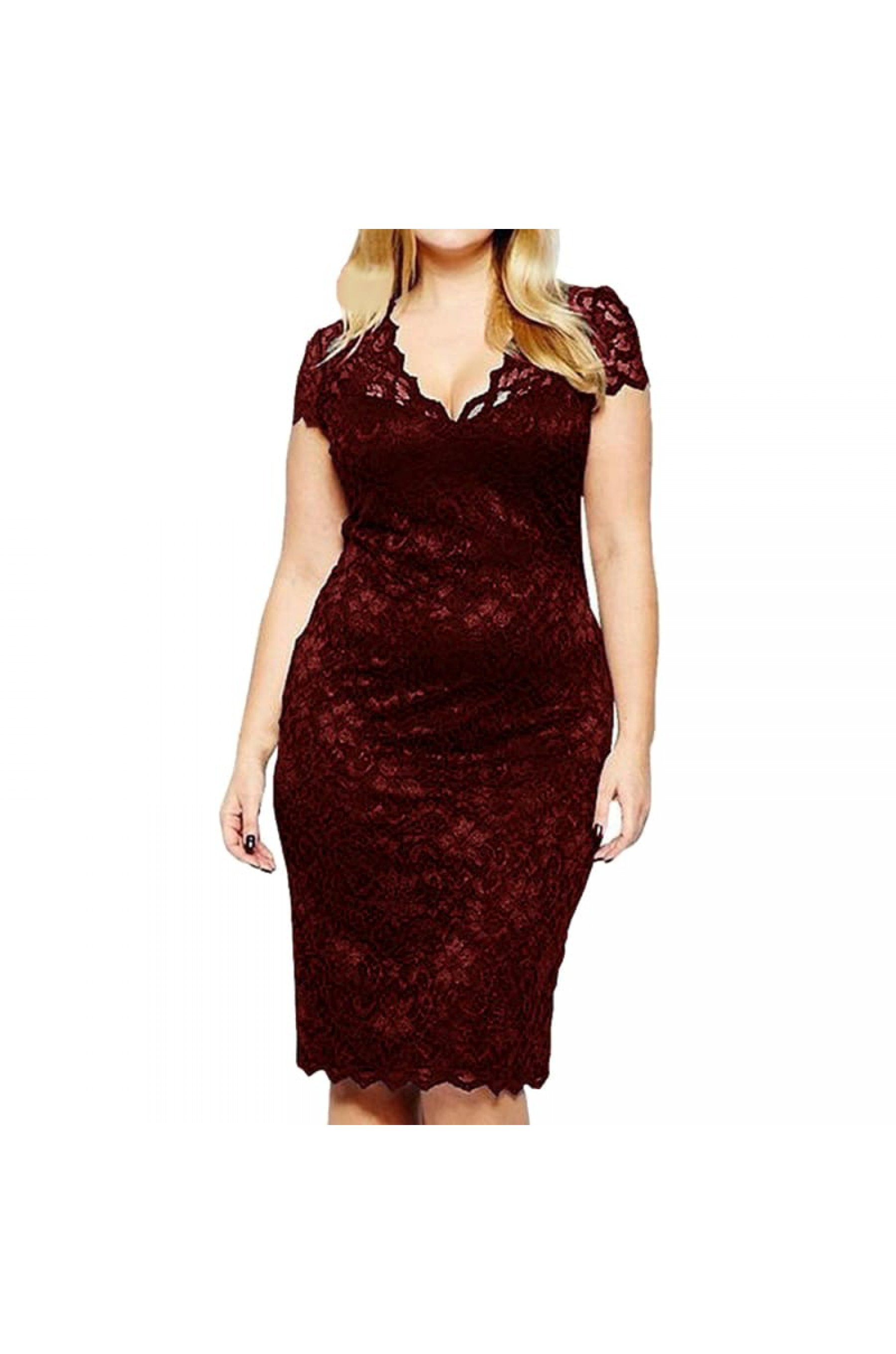 Rochie midi XXL din dantela florala burgundy Miriam - JojoFashion.ro