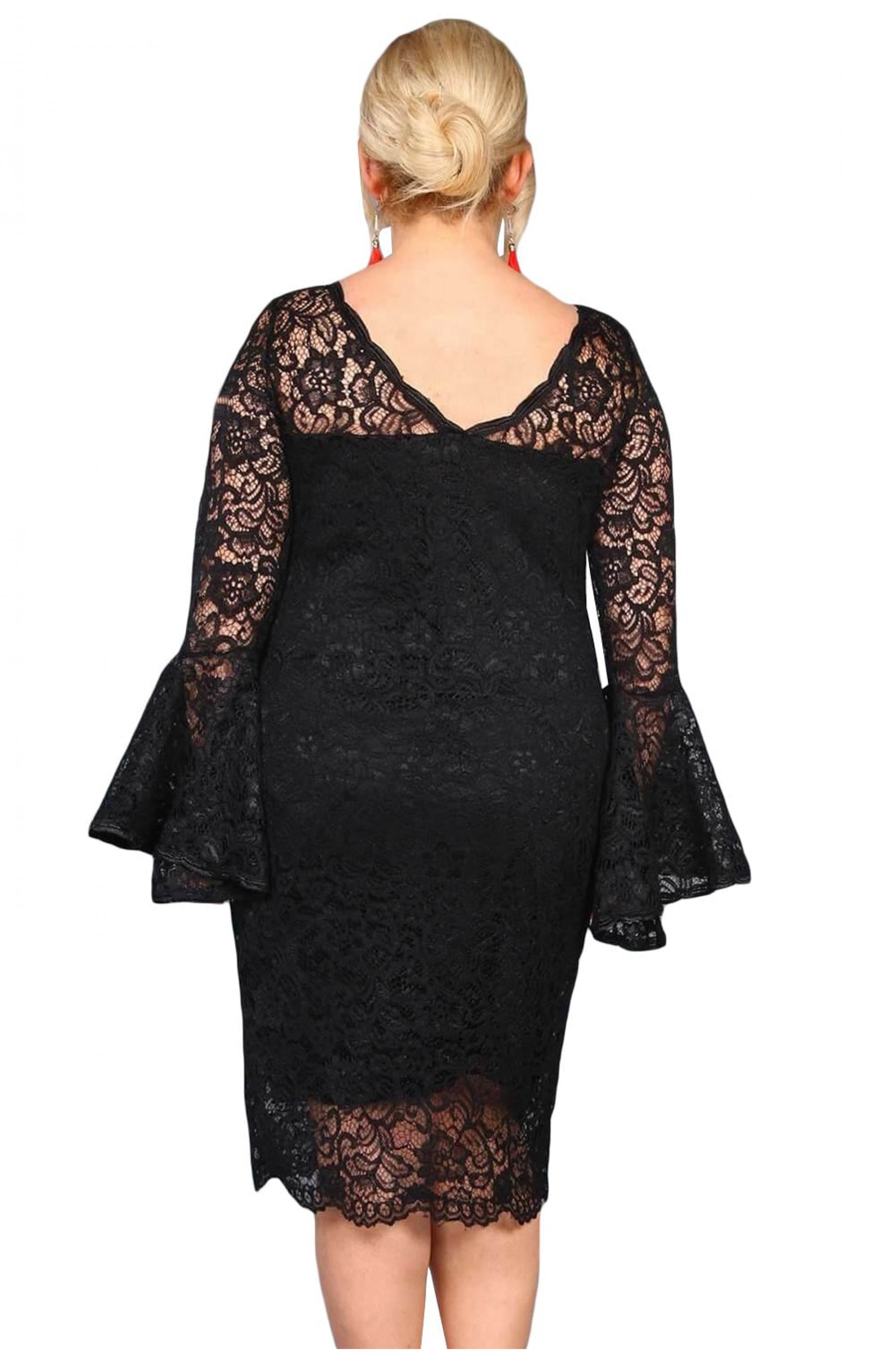 Rochie ocazie midi eleganta XXL din dantela neagra cu maneci clopot Desire