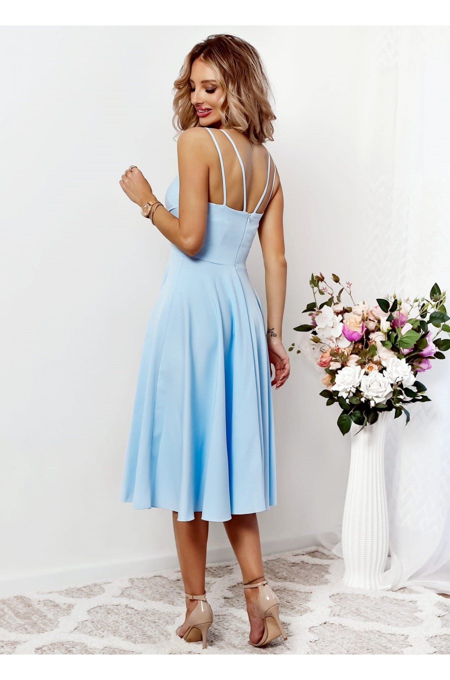 Rochie eleganta baby doll, midi, bumbac baby blue, in clos, retro ...