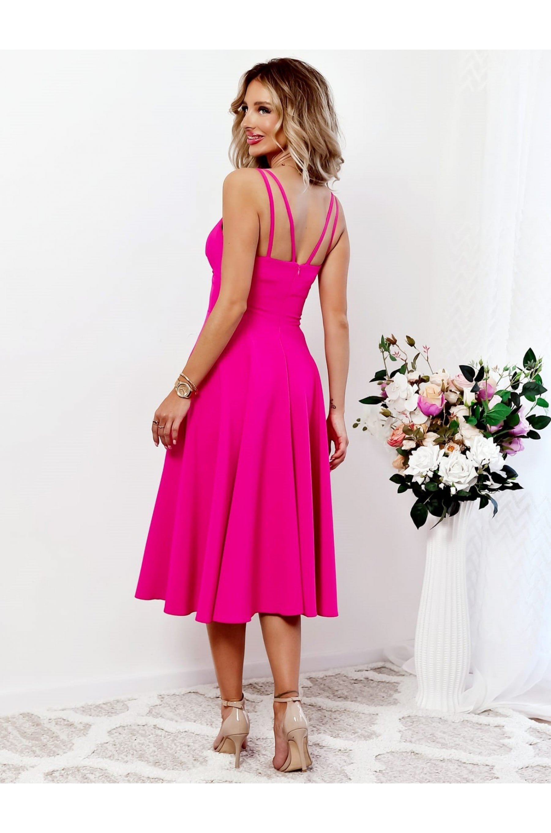Rochie eleganta baby doll, midi, bumbac roz magenta, in clos, retro ...