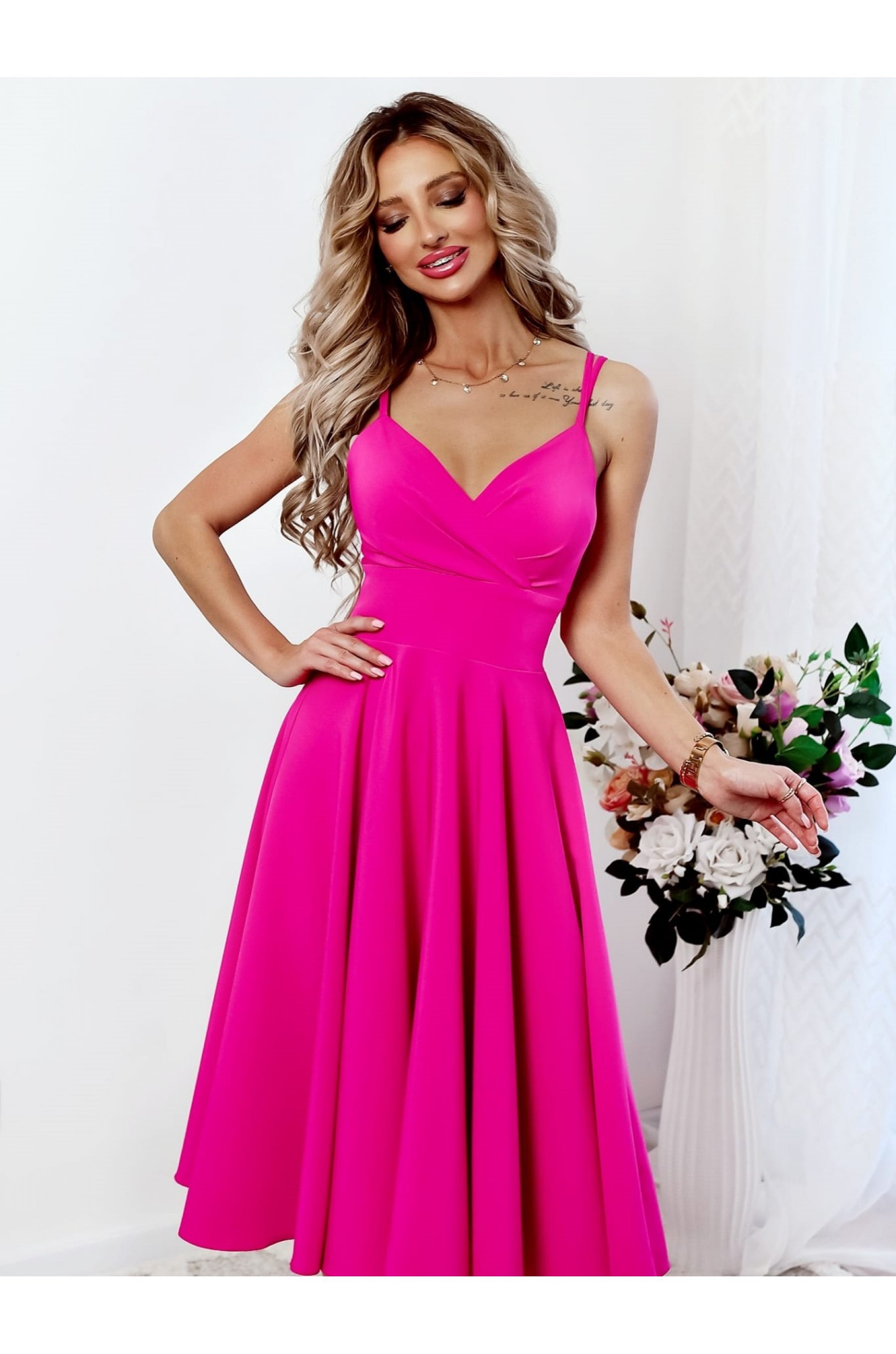 Rochie eleganta baby doll, midi, bumbac roz magenta, in clos, retro ...