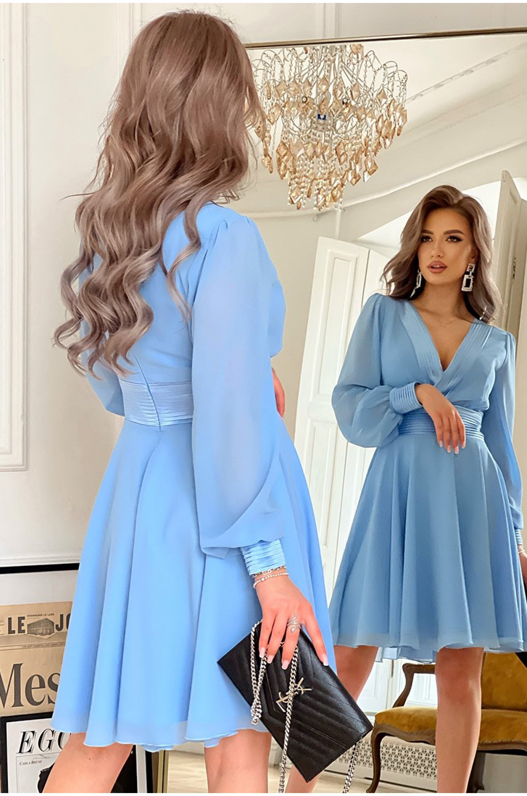 Rochie eleganta scurta baby doll, din voal baby blue, cu maneca lunga ...