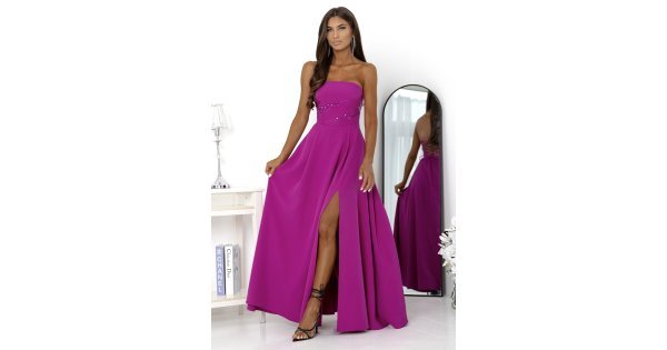 Rochie de banchet lunga roz magenta cu bust tip corset si umeri goi ...