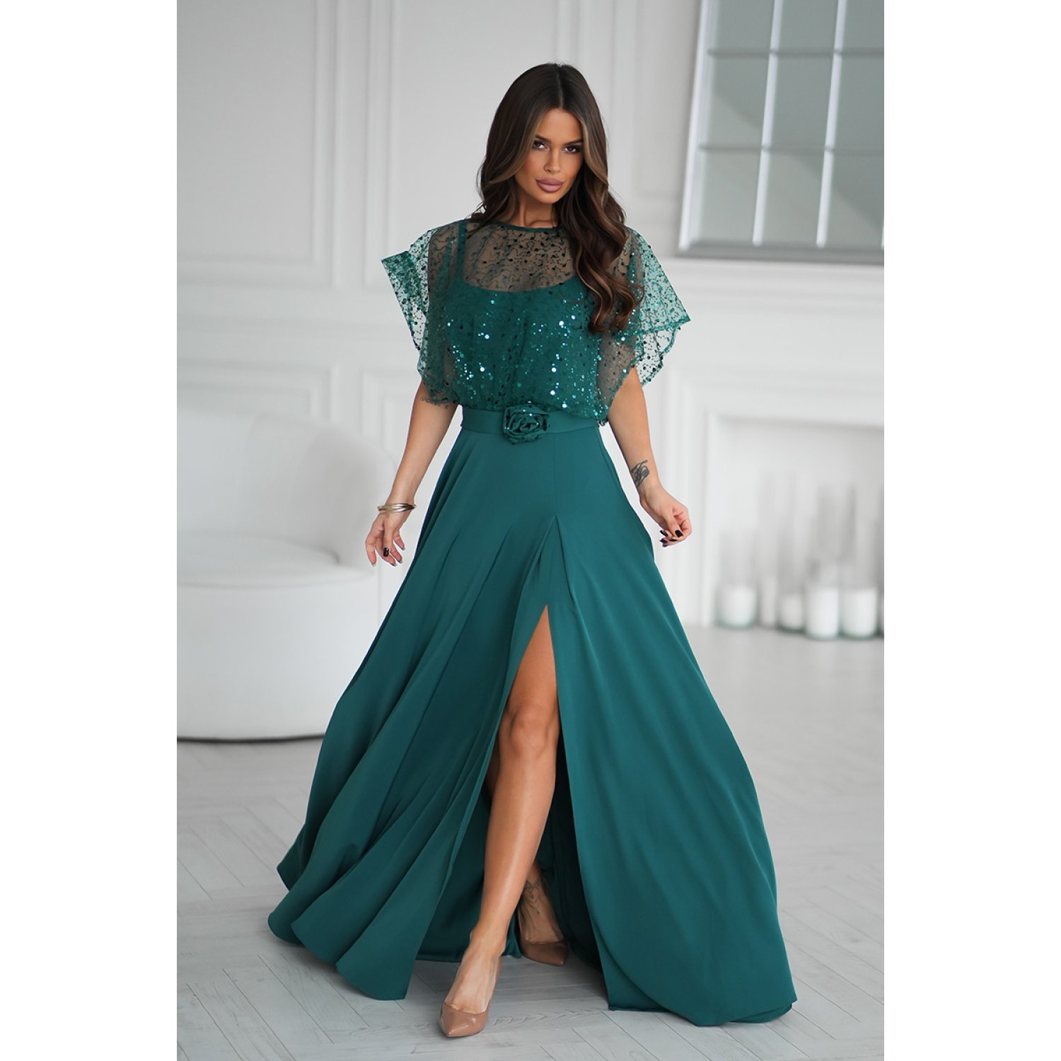 Rochie de nunta lunga verde smarald cu paiete pe bust vaporoasa Azaliya ...