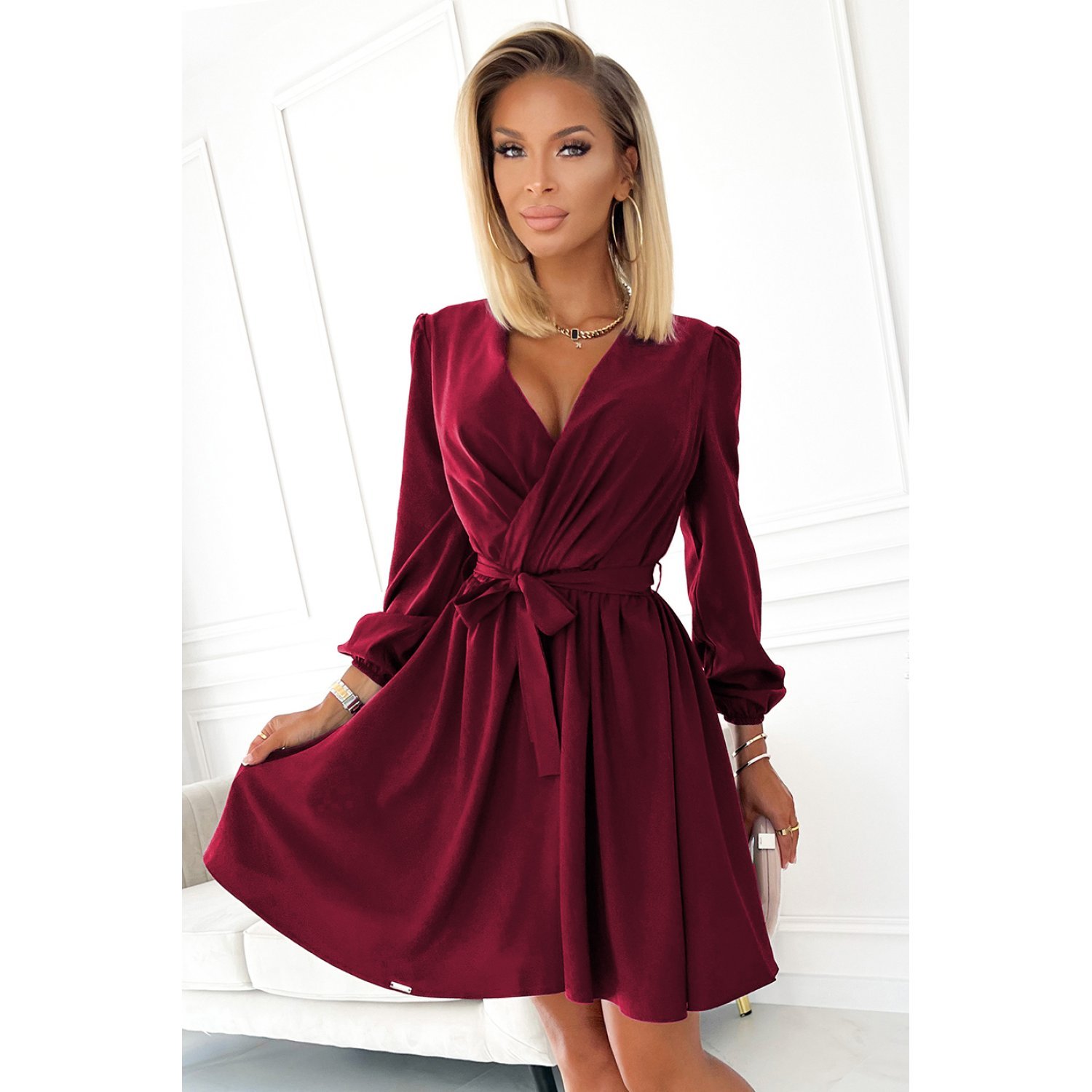 Rochie scurta, burgundy, cu maneca lunga, petrecuta, vaporoasa, Aurora ...