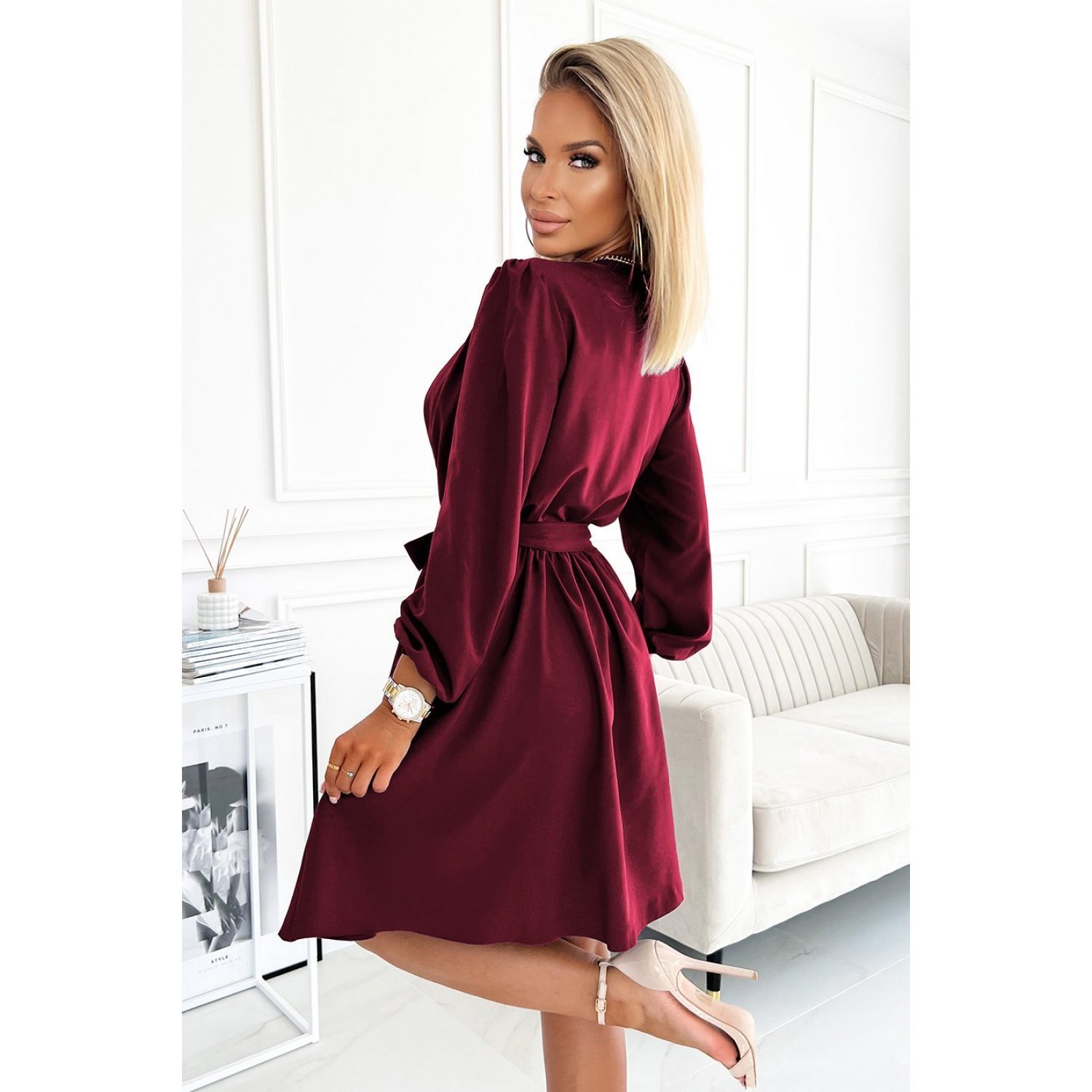 Rochie scurta, burgundy, cu maneca lunga, petrecuta, vaporoasa, Aurora ...