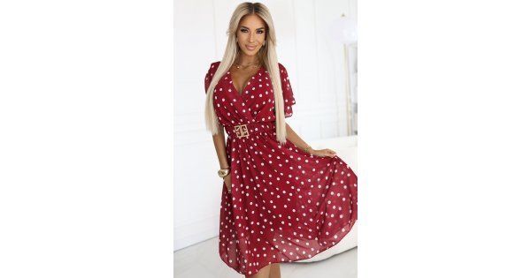 Rochie midi voal burgundy cu buline albe retro vaporoasa Marilyn ...