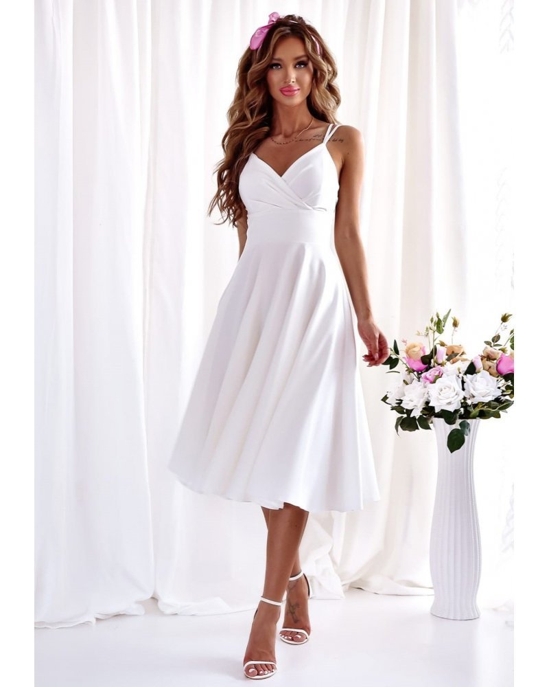 Rochie cununie civila, midi, din bumbac, alba, in clos, asiemtrica ...