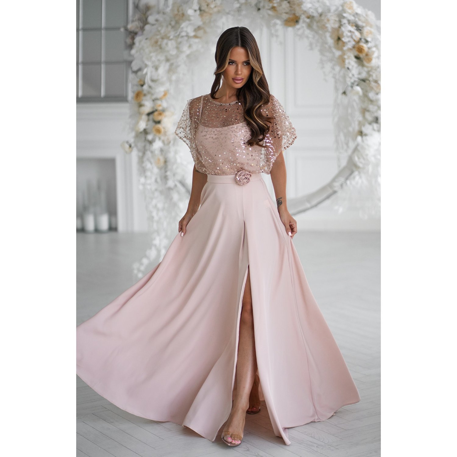 Rochie cununie civila lunga bej cu paiete pe bust vaporoasa Azaliya ...