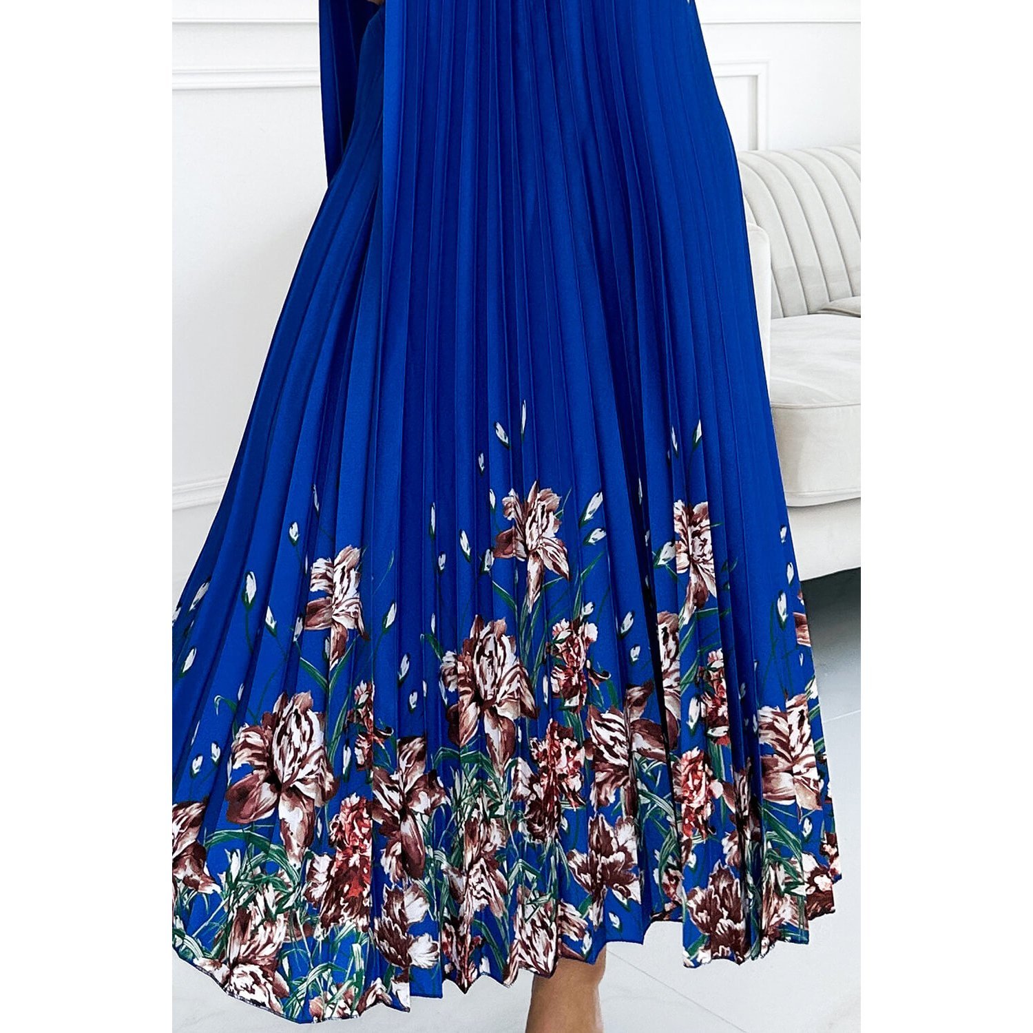 Rochie de vara lunga, albastra cu flori, plisata, vaporoasa, Edna ...