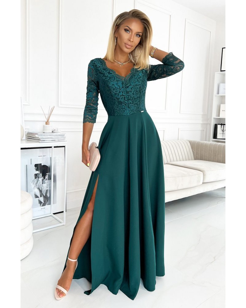 Rochie midi verde turcoaz inchis din dantela Anastasia - JojoFashion.ro