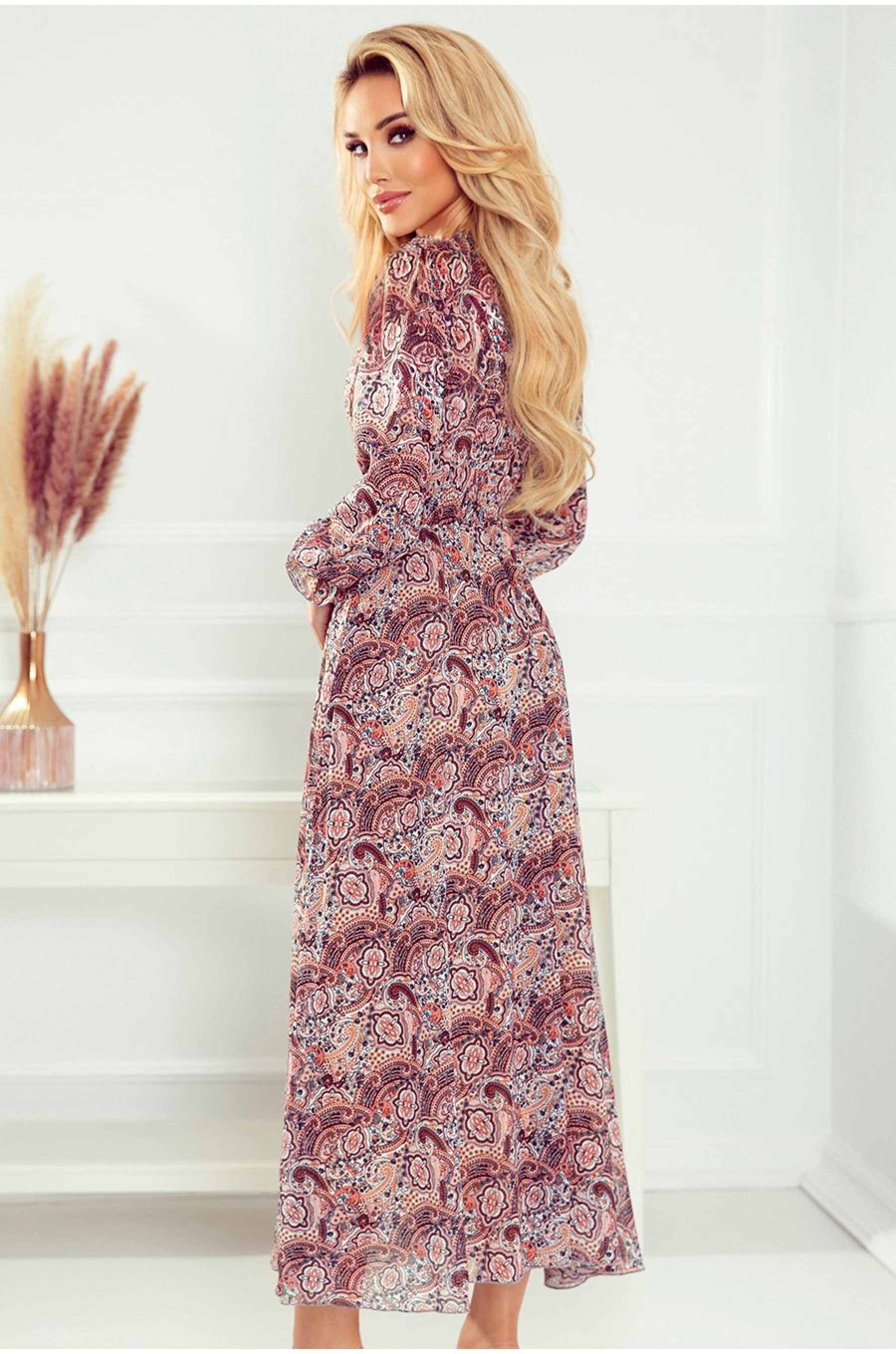 Rochie midi din chiffon maro boho Carly - JojoFashion.ro