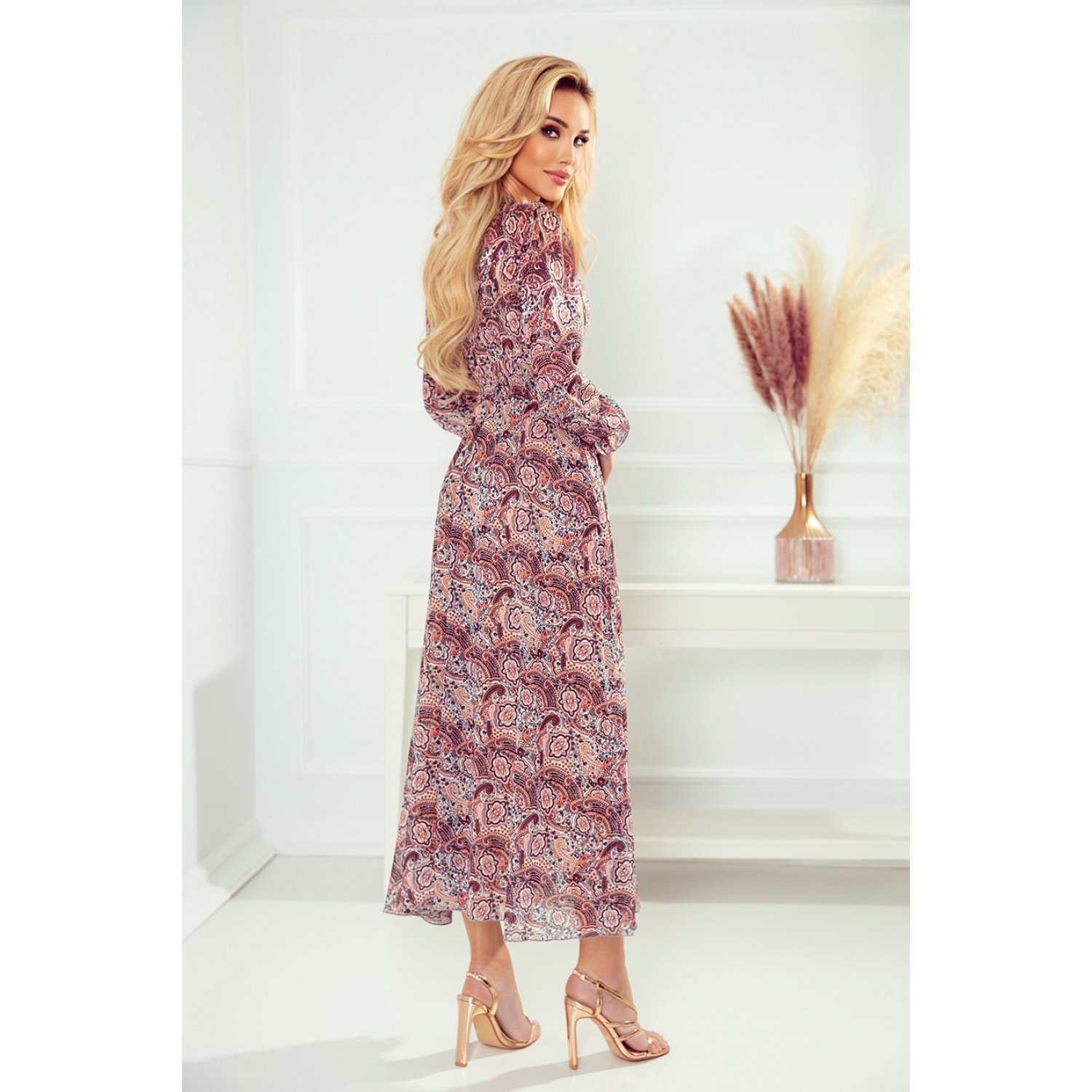 Rochie midi din chiffon maro boho Carly - JojoFashion.ro
