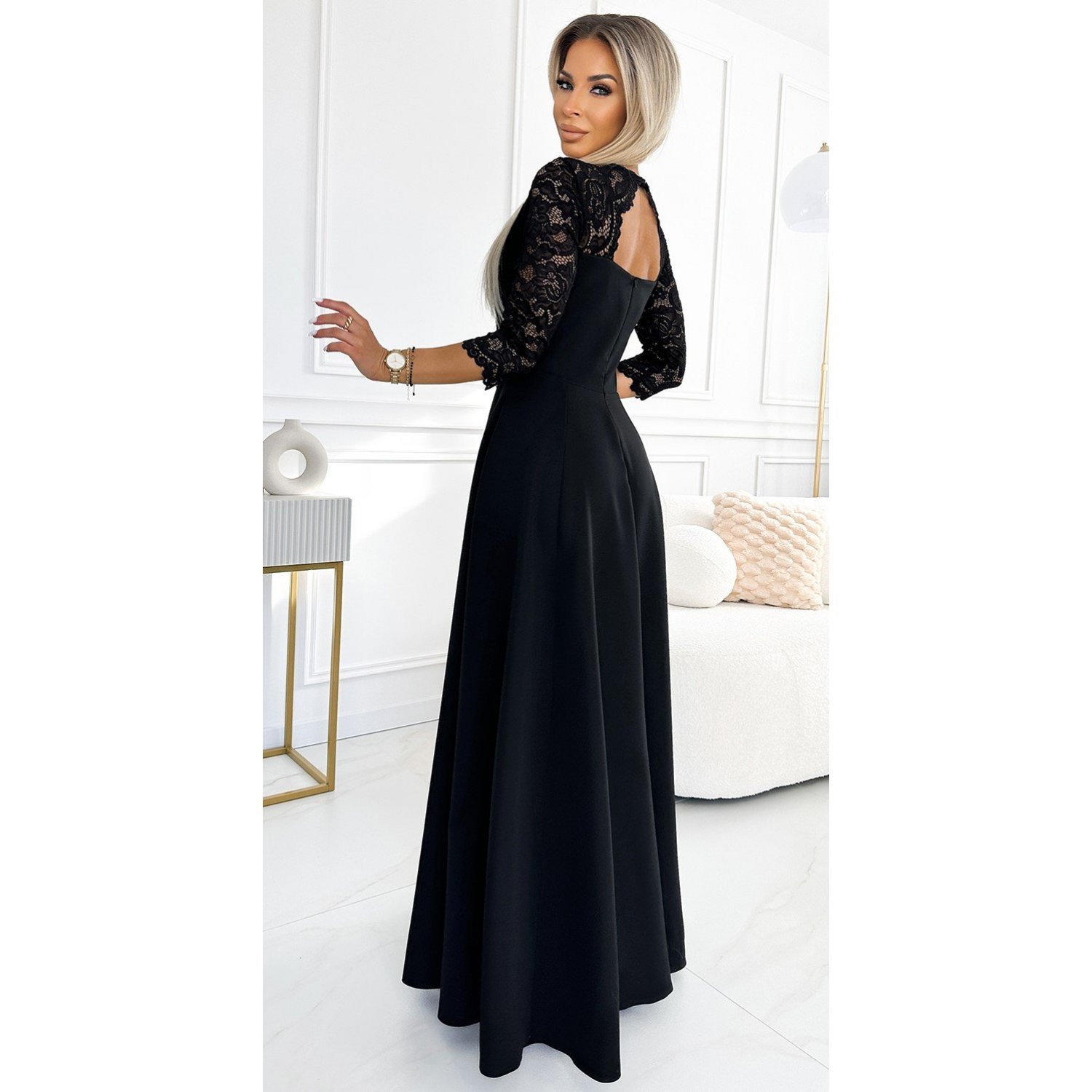 Rochie eleganta lunga neagra cu dantela pe bust cu maneca trei sferturi Allegria - JojoFashion.ro