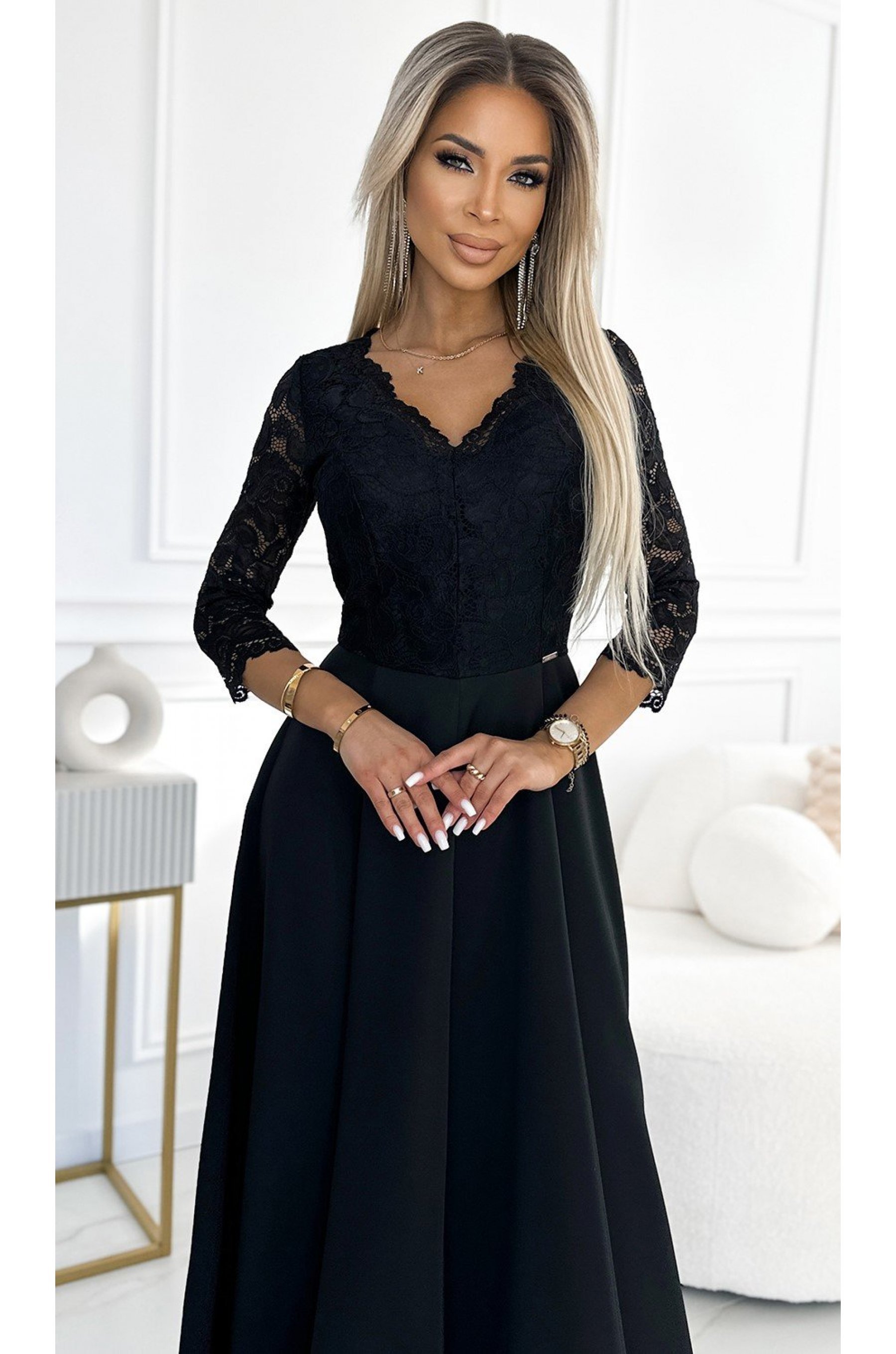 Rochie eleganta lunga neagra cu dantela pe bust cu maneca trei sferturi Allegria - JojoFashion.ro