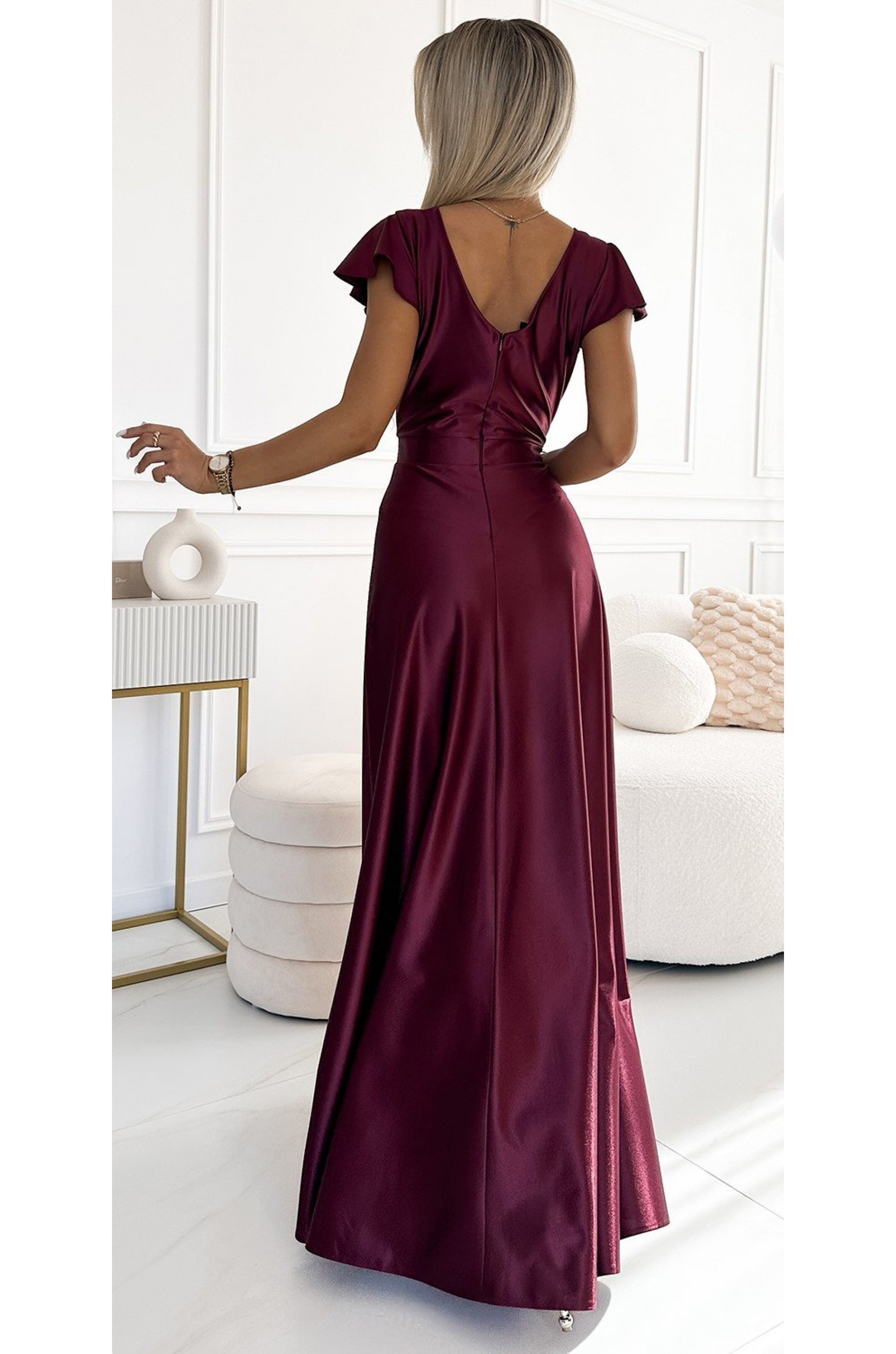 Rochie lunga din satin burgundy Cristaliza - JojoFashion.ro