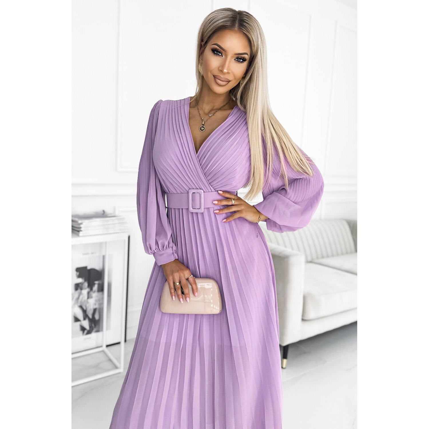 Rochie lunga plisata din chiffon lila cu maneca lunga vaporoasa Vaneira ...