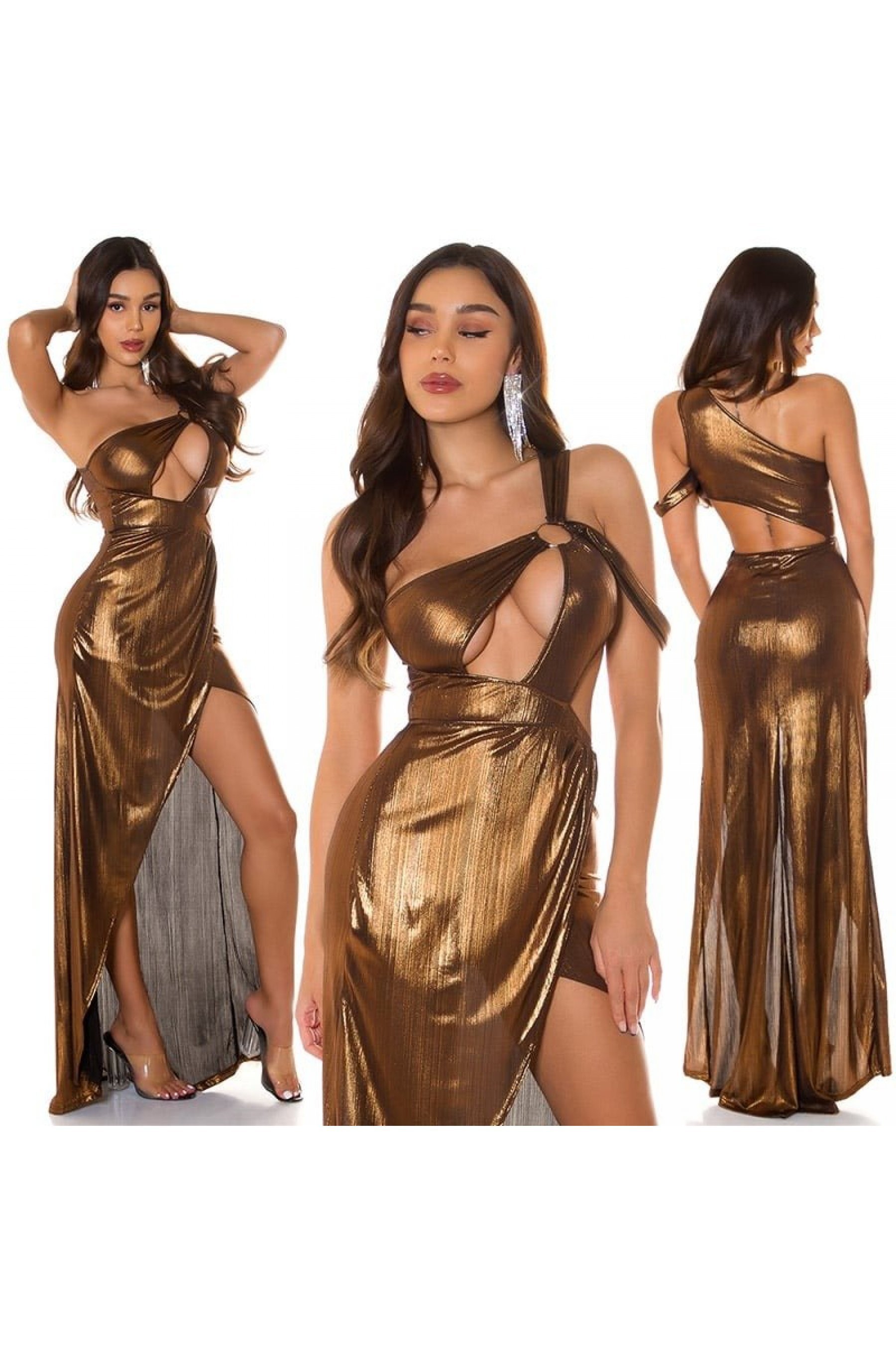 Rochie lunga din glitter bronz cu umerii goi Zaria - JojoFashion.ro