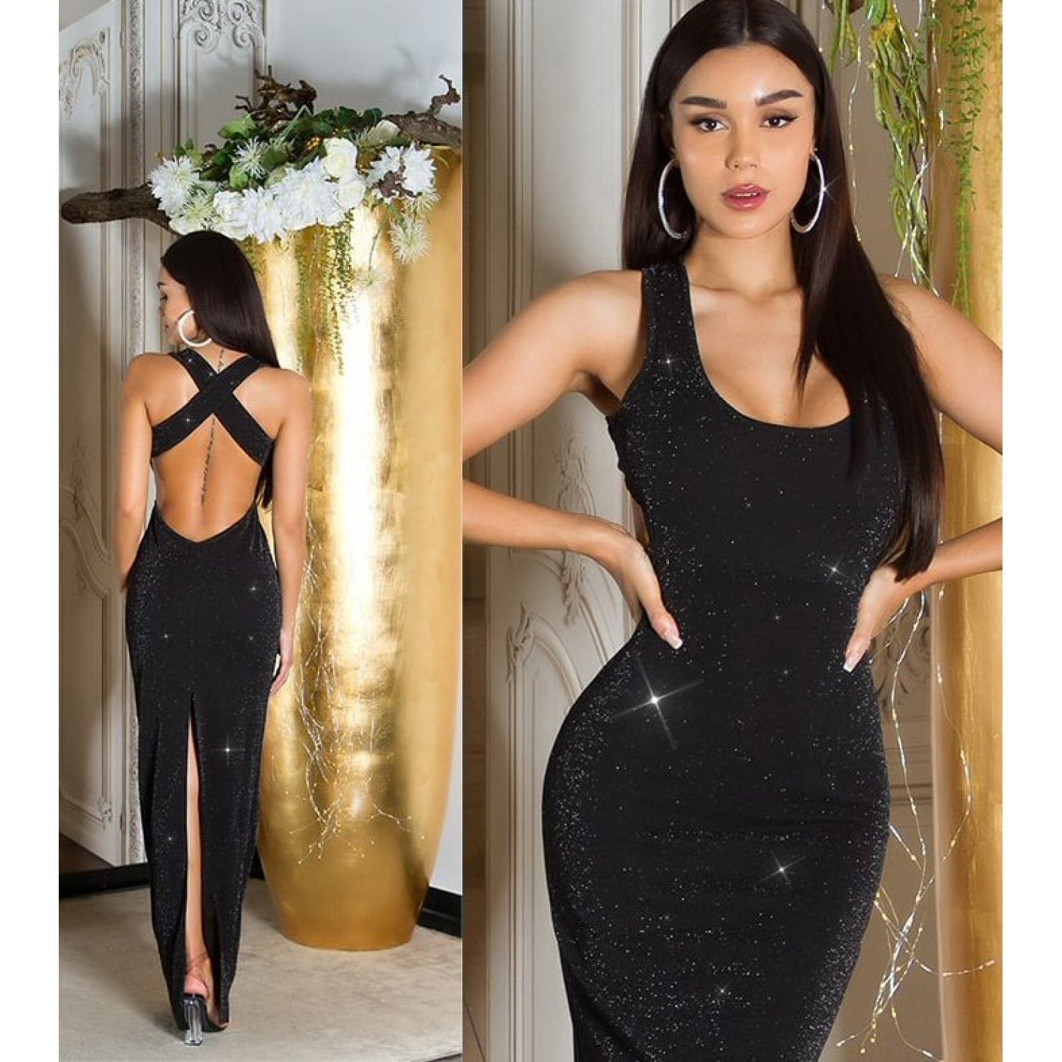 Rochie de seara lunga, glitter, neagra, mulata, cu bretele in X pe spate, Lilou - JojoFashion.ro