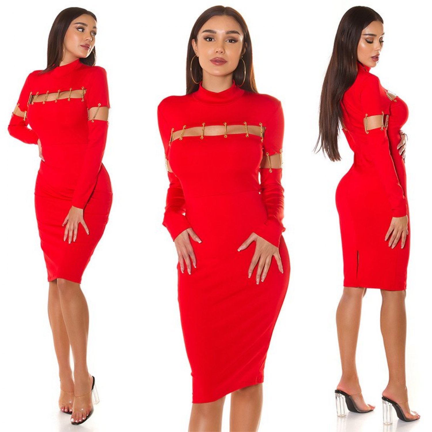 Rochie midi rosie mulata cu maneca lunga Aliye - JojoFashion.ro