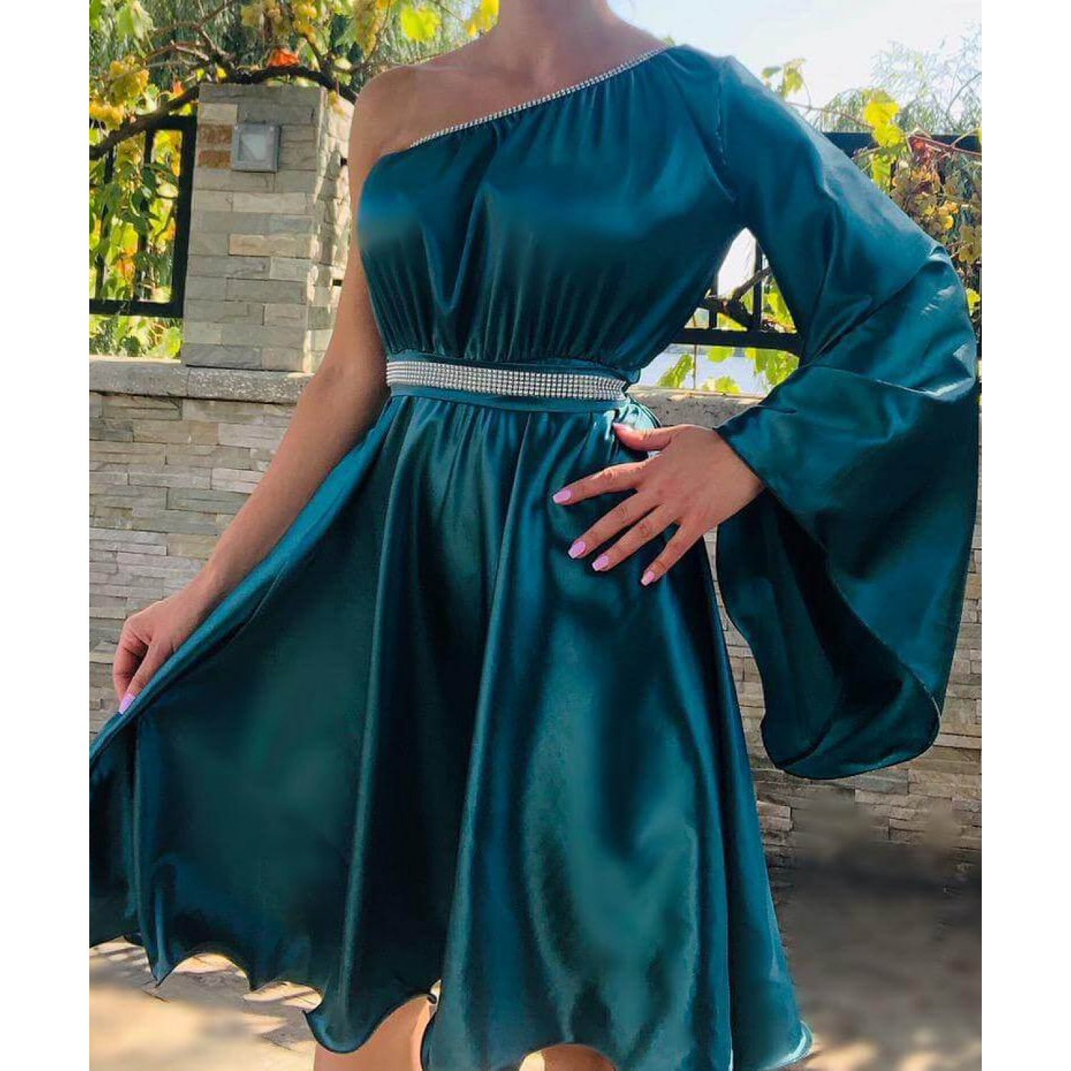 Rochie eleganta de ocazie scurta, satin, verde turcoaz, babydoll, cu ...