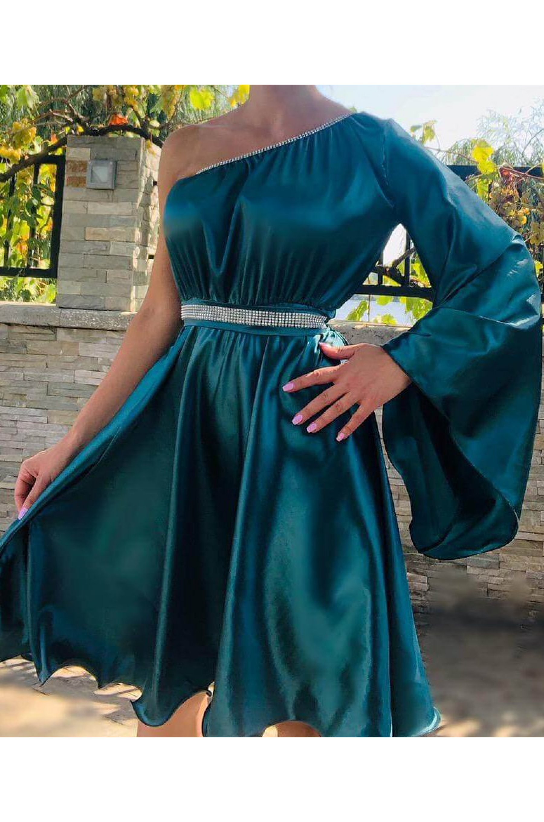 Rochie eleganta de ocazie scurta, satin, verde turcoaz, babydoll, cu ...