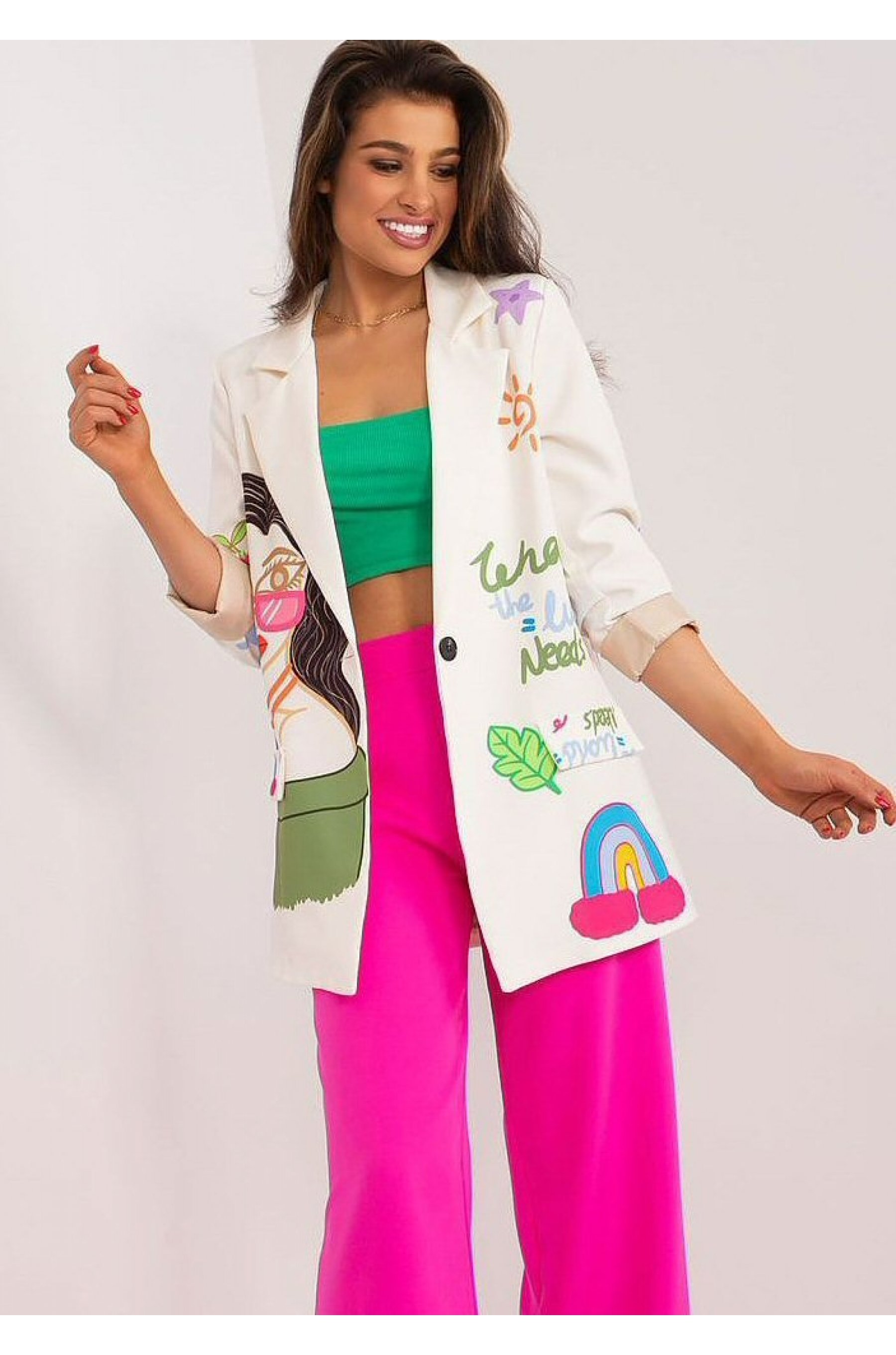 Sacou dama casual, bej cu desene multicolore, Roxanne - JojoFashion.ro