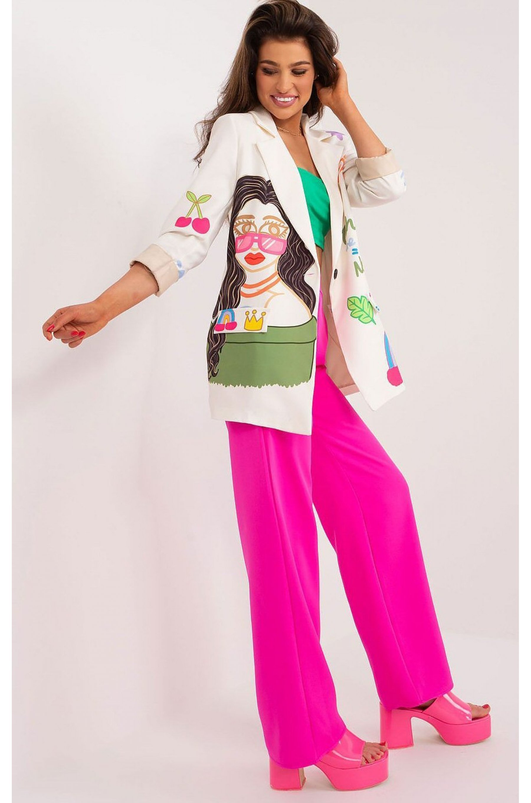 Sacou dama casual, bej cu desene multicolore, Roxanne - JojoFashion.ro