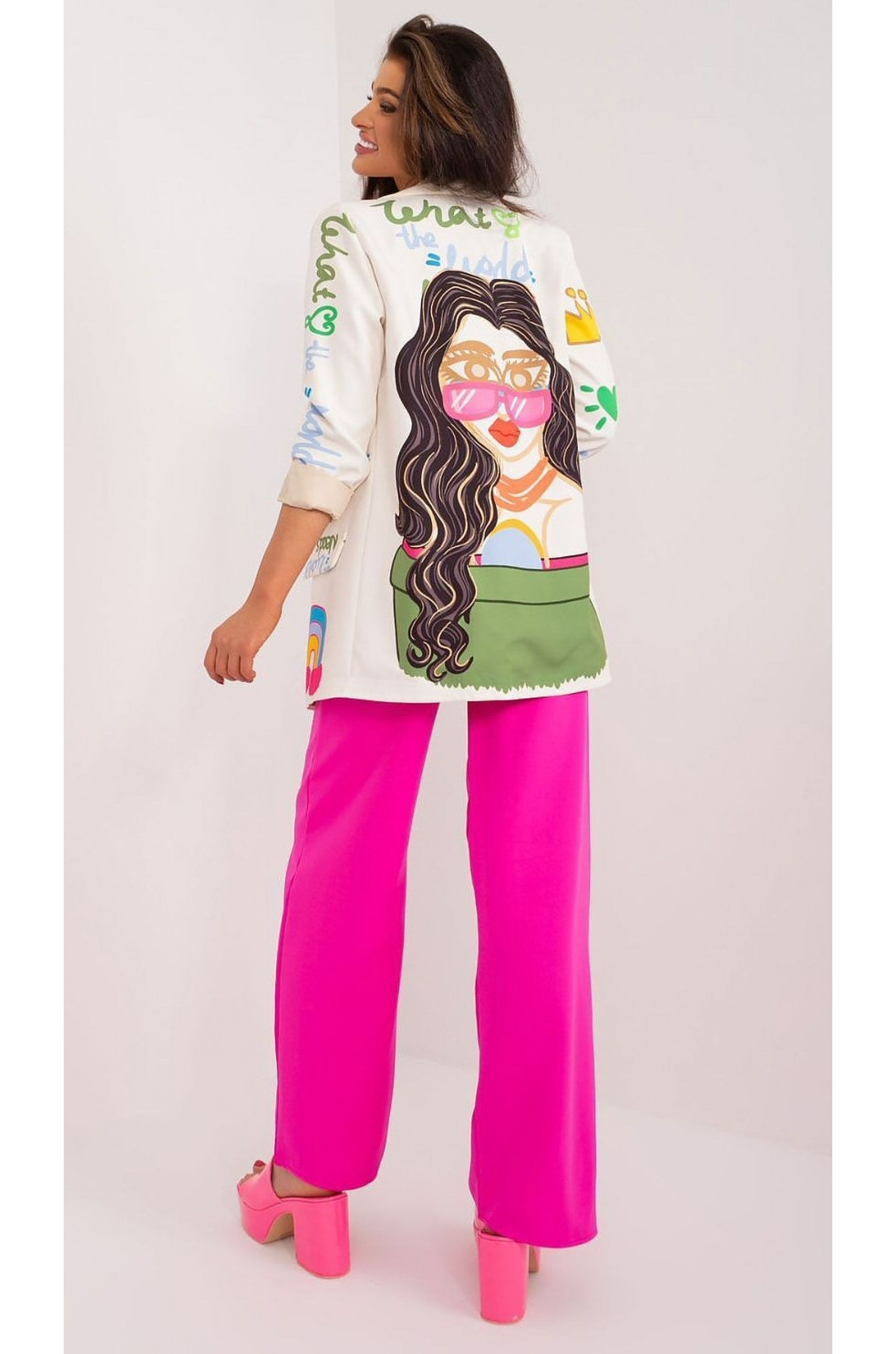 Sacou dama casual, bej cu desene multicolore, Roxanne - JojoFashion.ro