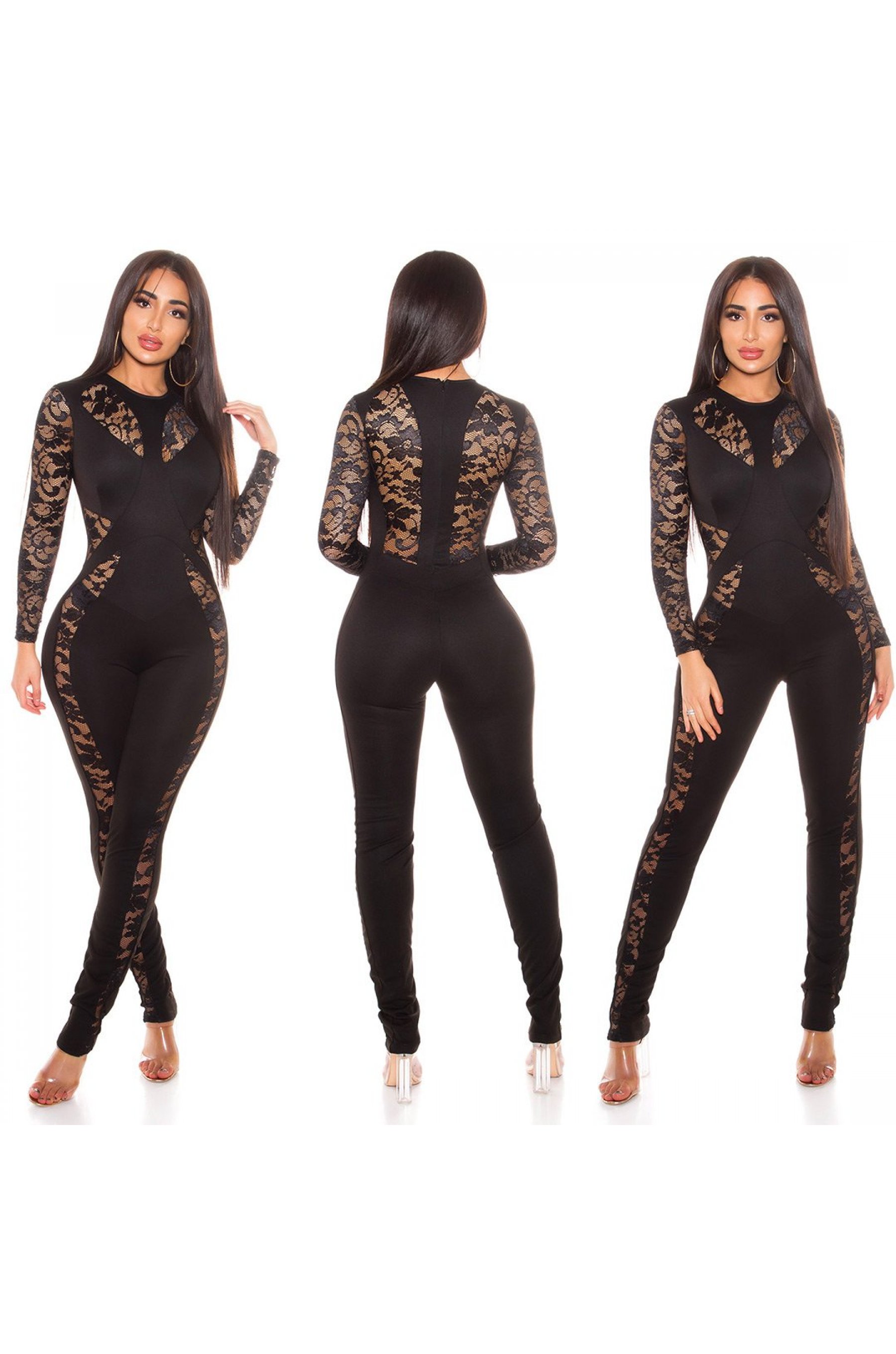 Salopeta dama catsuit mulata, neagra, dantela, cu maneca lunga ...