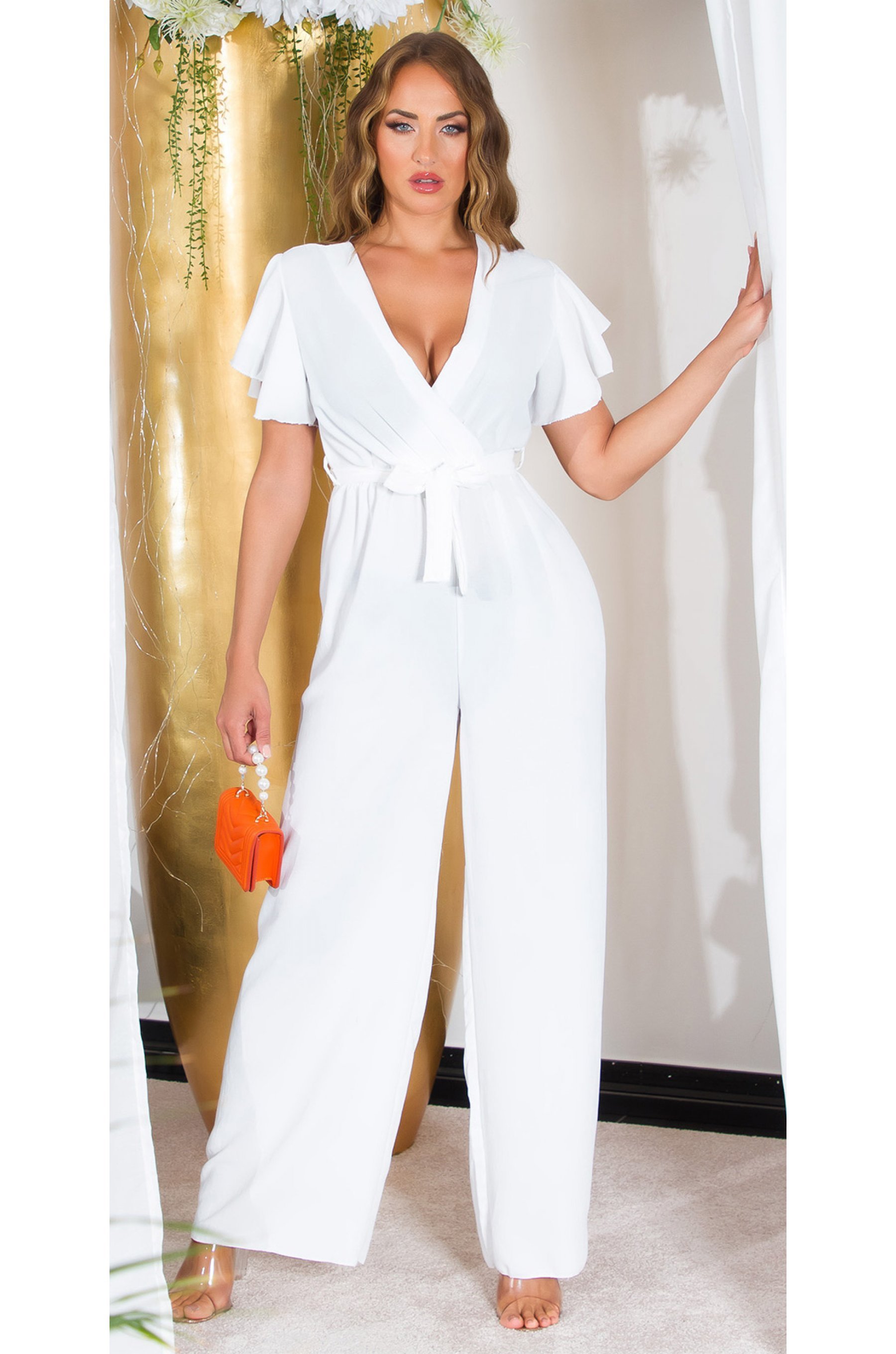 Salopeta dama eleganta evazata, alba, petrecuta, Julye - JojoFashion.ro