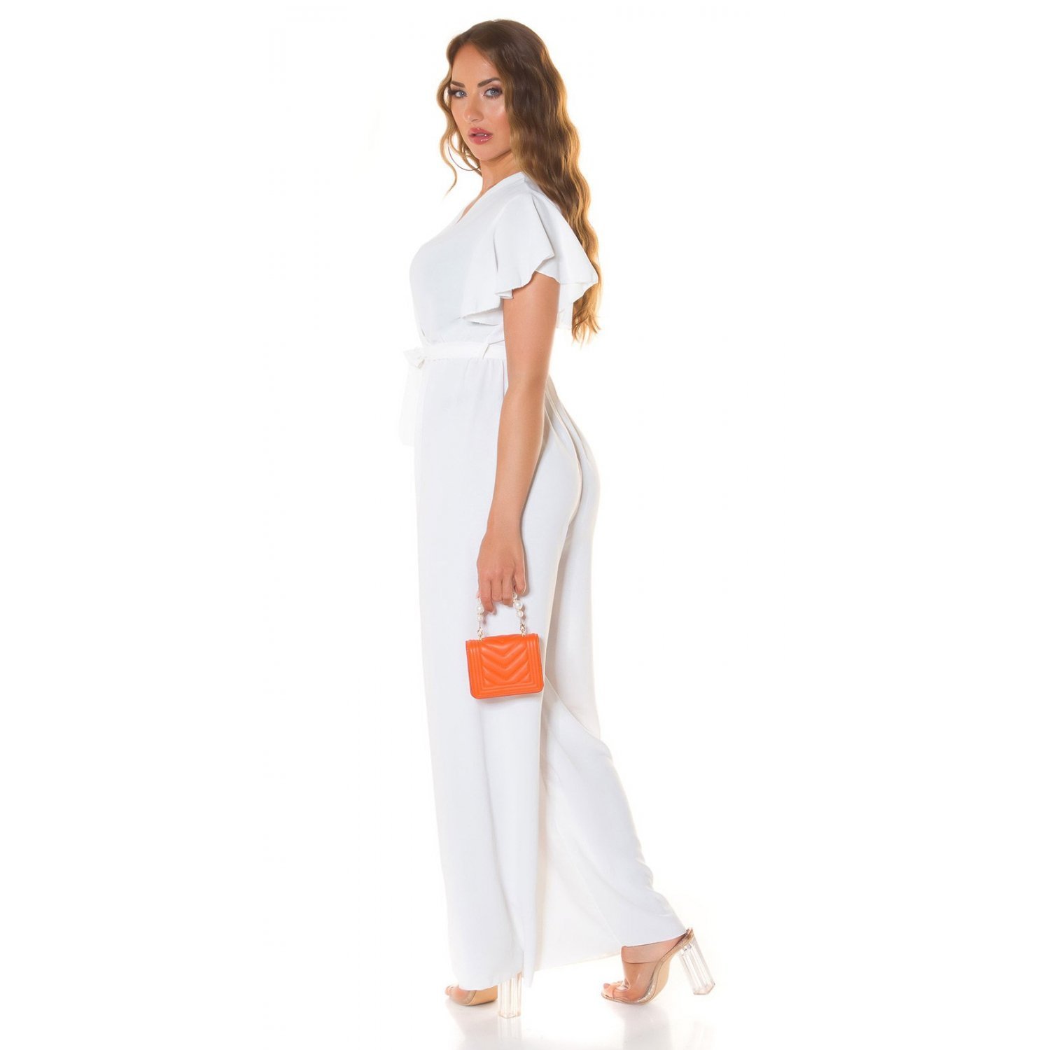 Salopeta dama eleganta evazata, alba, petrecuta, Julye - JojoFashion.ro