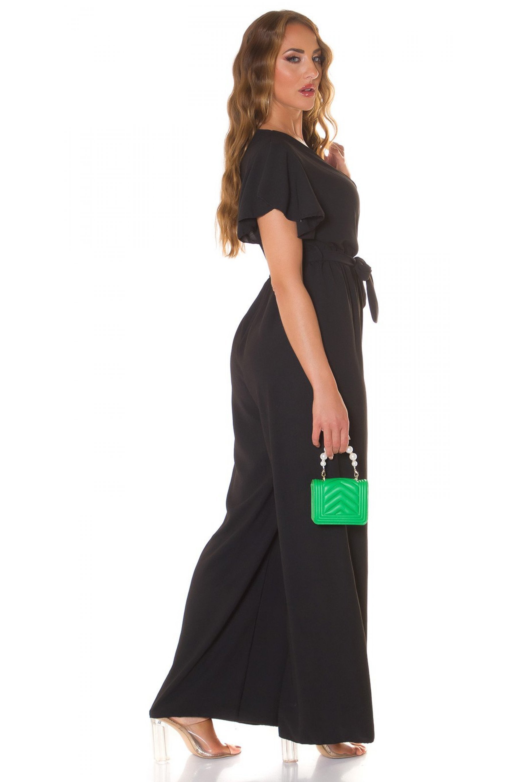 Salopeta eleganta evazata, neagra, petrecuta, Julye - JojoFashion.ro
