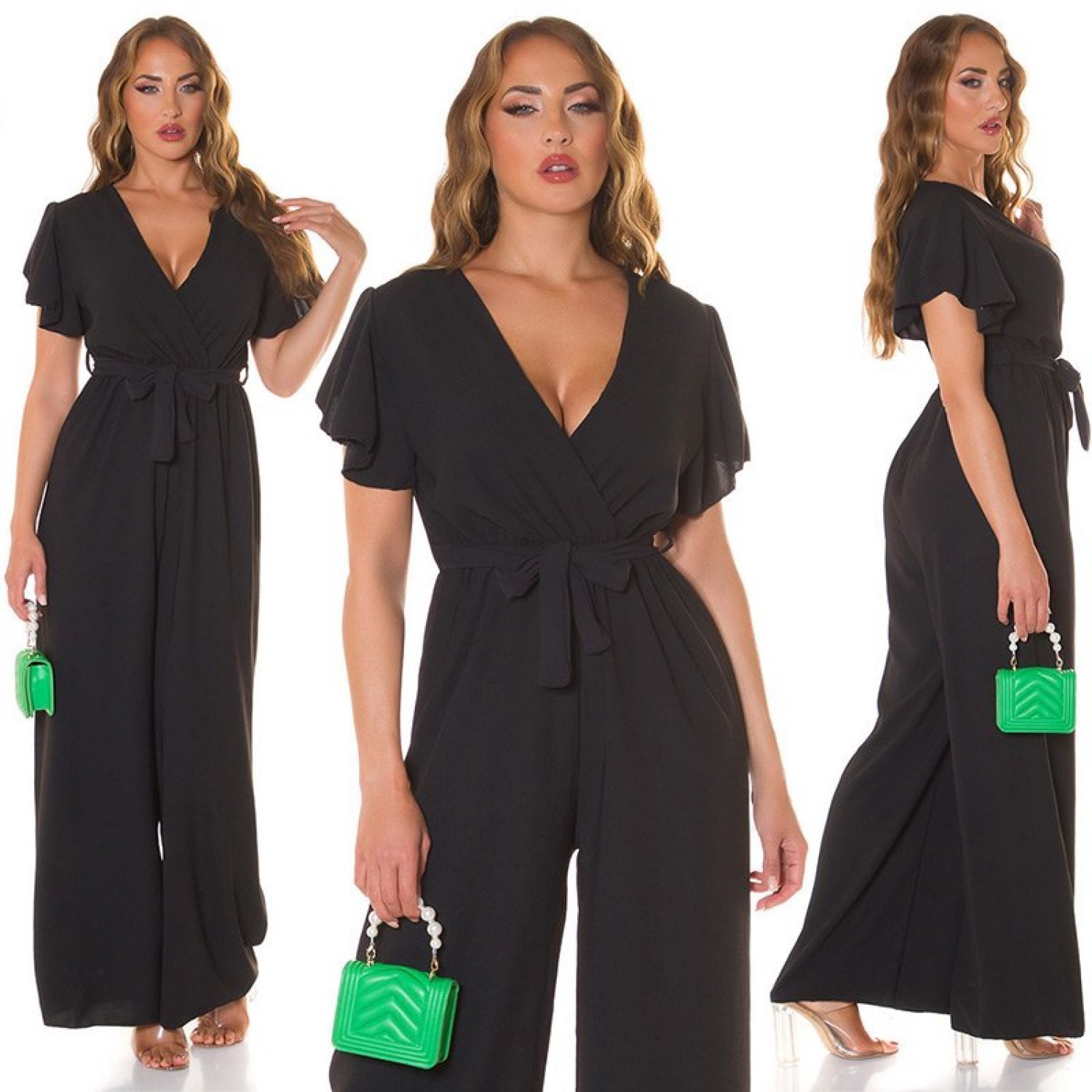 Salopeta eleganta evazata, neagra, petrecuta, Julye - JojoFashion.ro