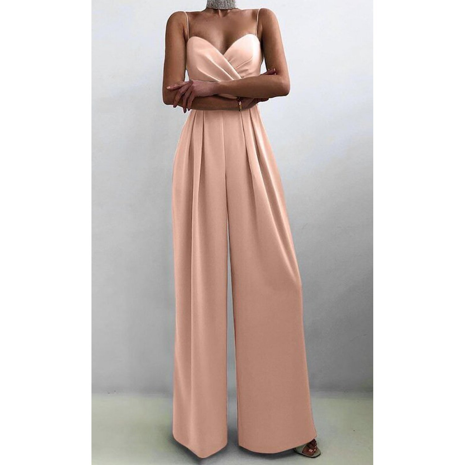 Salopeta dama eleganta roz pal, evazata, Kaya - JojoFashion.ro