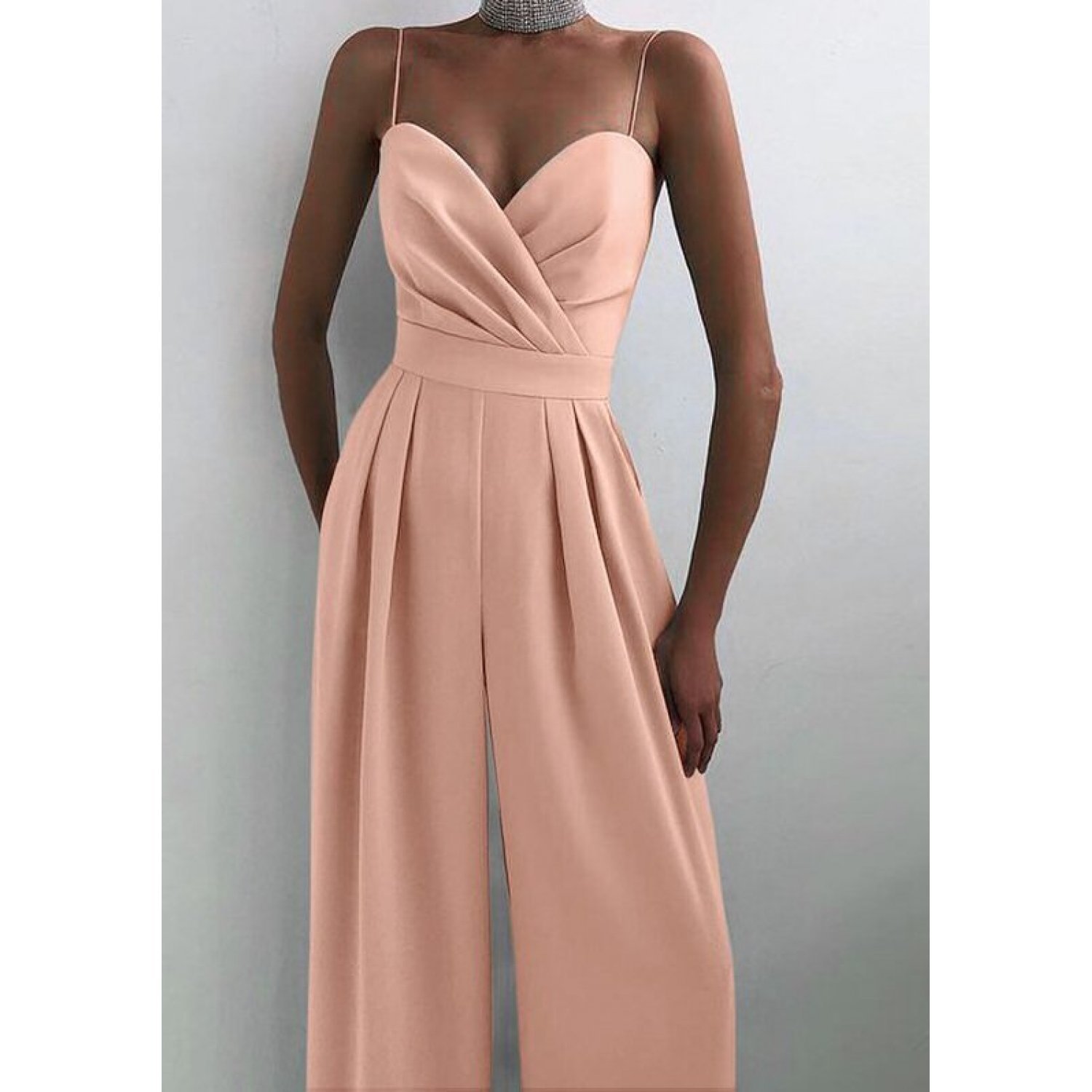Salopeta dama eleganta roz pal, evazata, Kaya - JojoFashion.ro