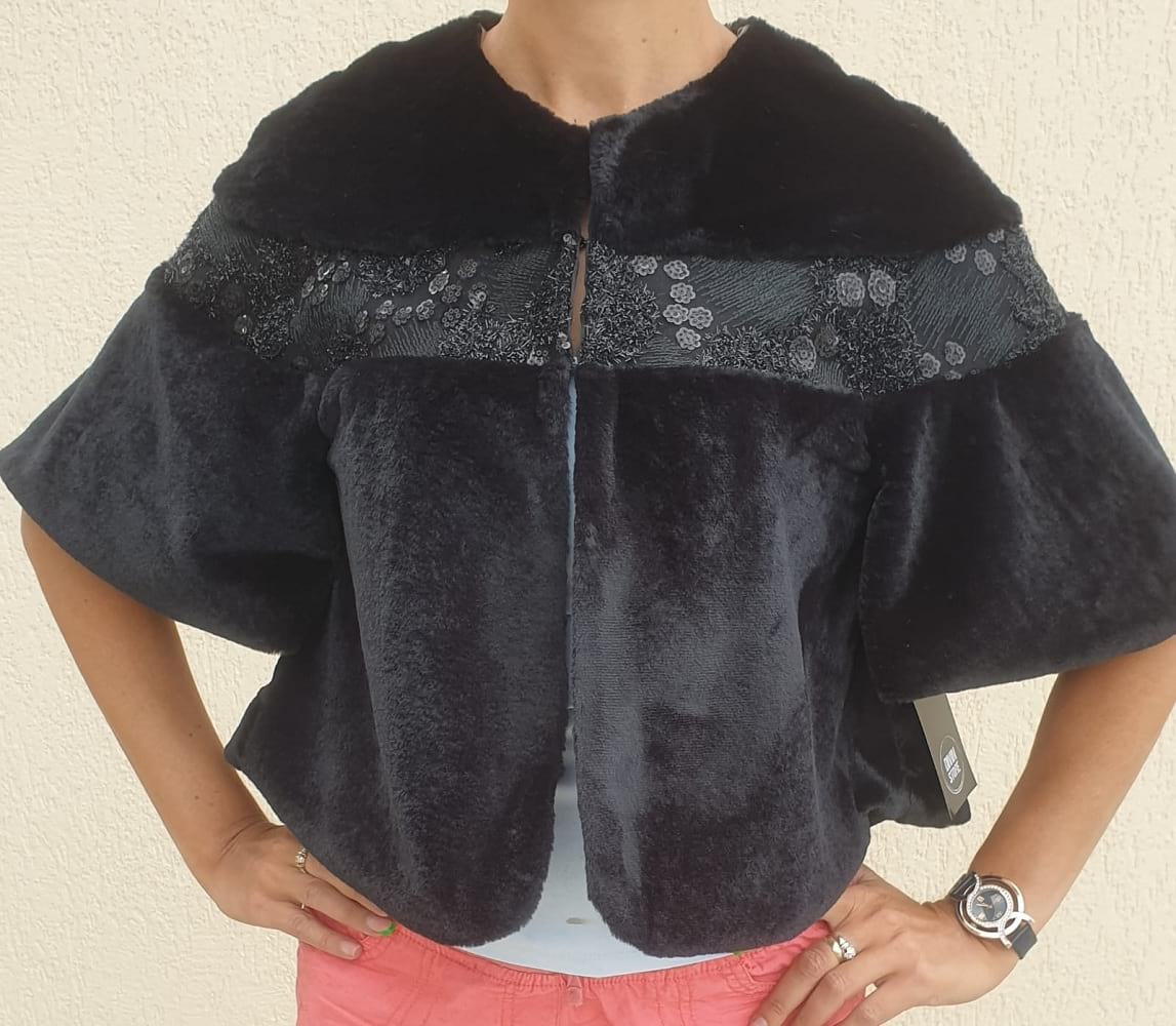 Capa dama din blana neagra eco cu paiete Kenda - JojoFashion.ro