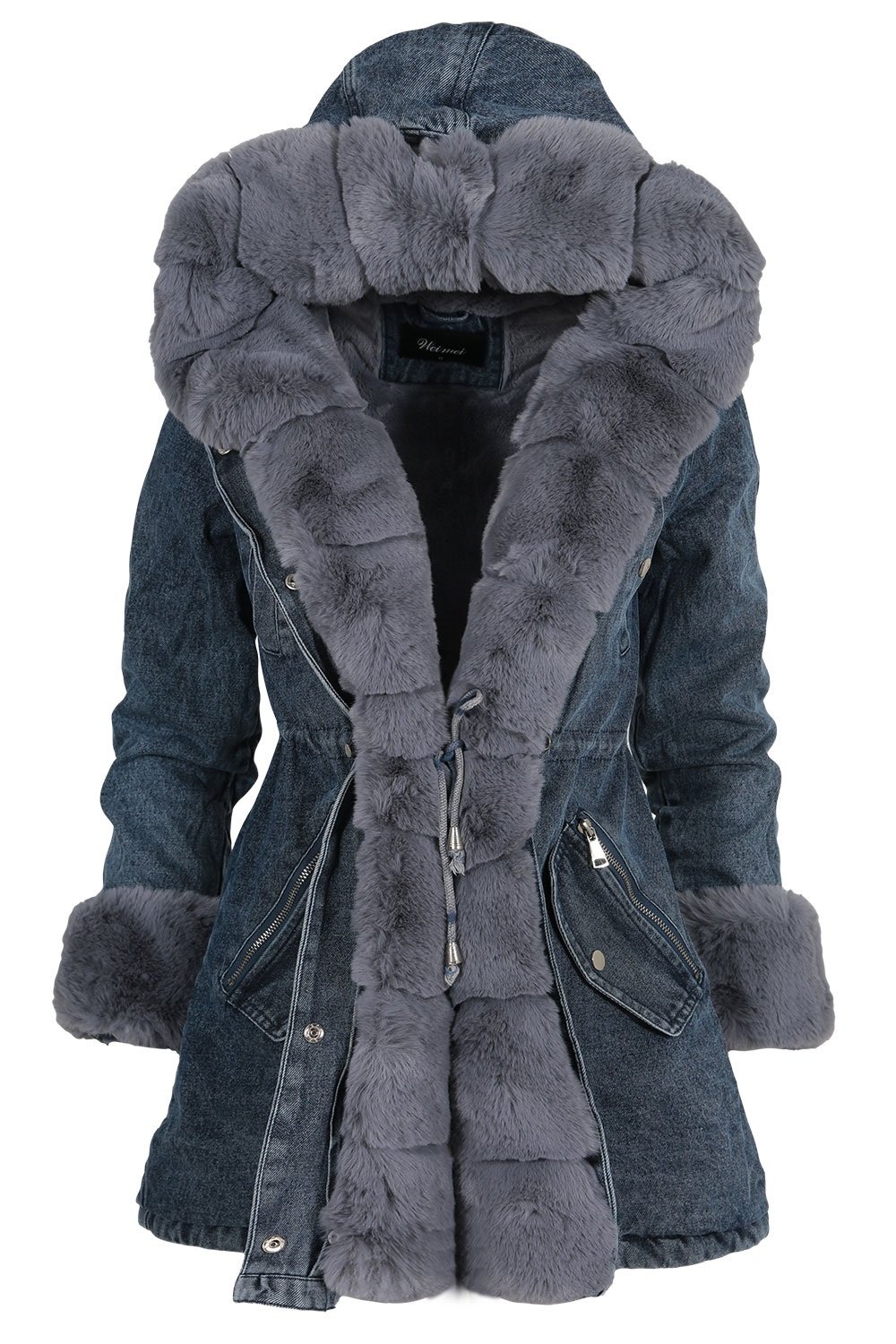 Geaca dama parka din denim cu blanita eco gri Wanda - JojoFashion.ro